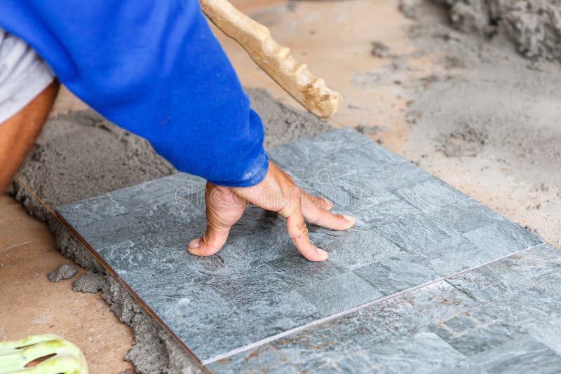 Floor Tile Installation for House Building Stock Photo - Image of work ...