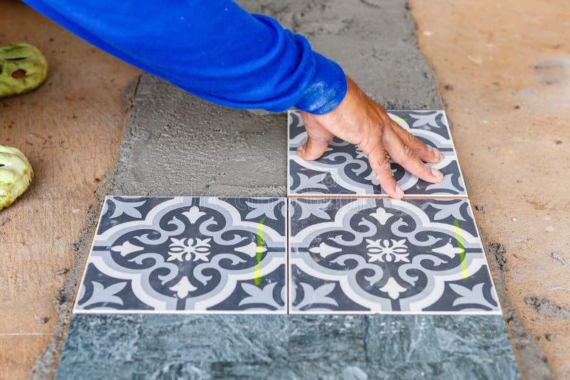 Floor Tile Installation for House Building Stock Photo - Image of ...