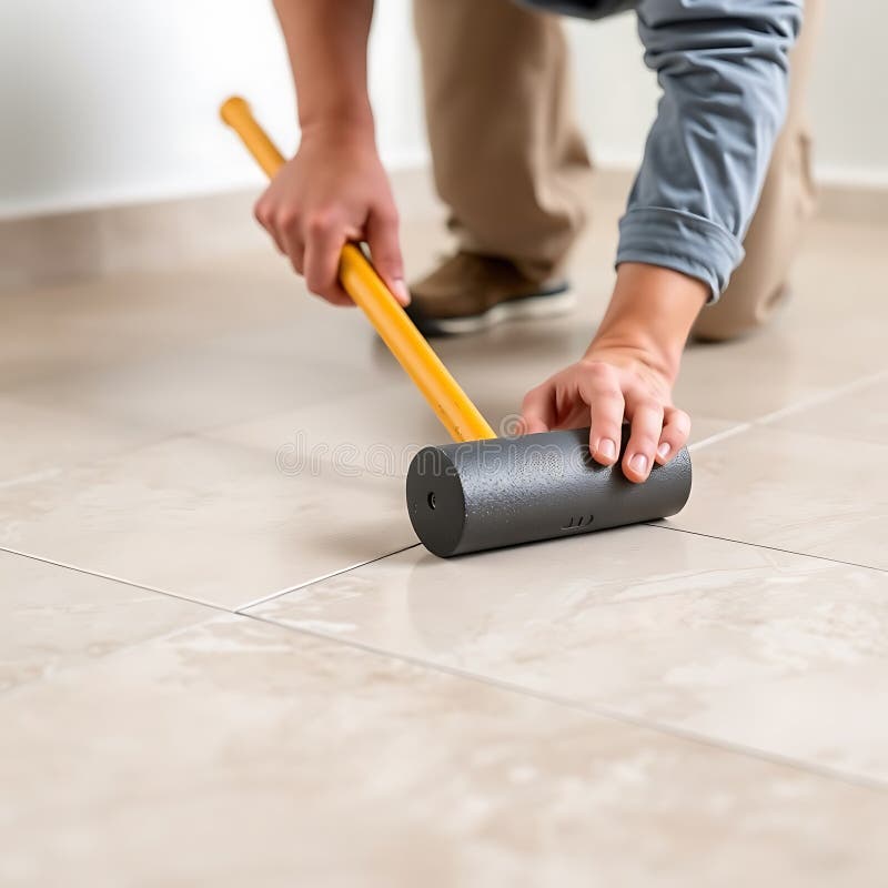 A Flooring Technician Adjusting and Leveling Tiles with a Rubber Mallet ...