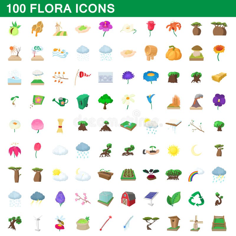 100 Flora Icons Set, Cartoon Style Stock Vector - Illustration of ...