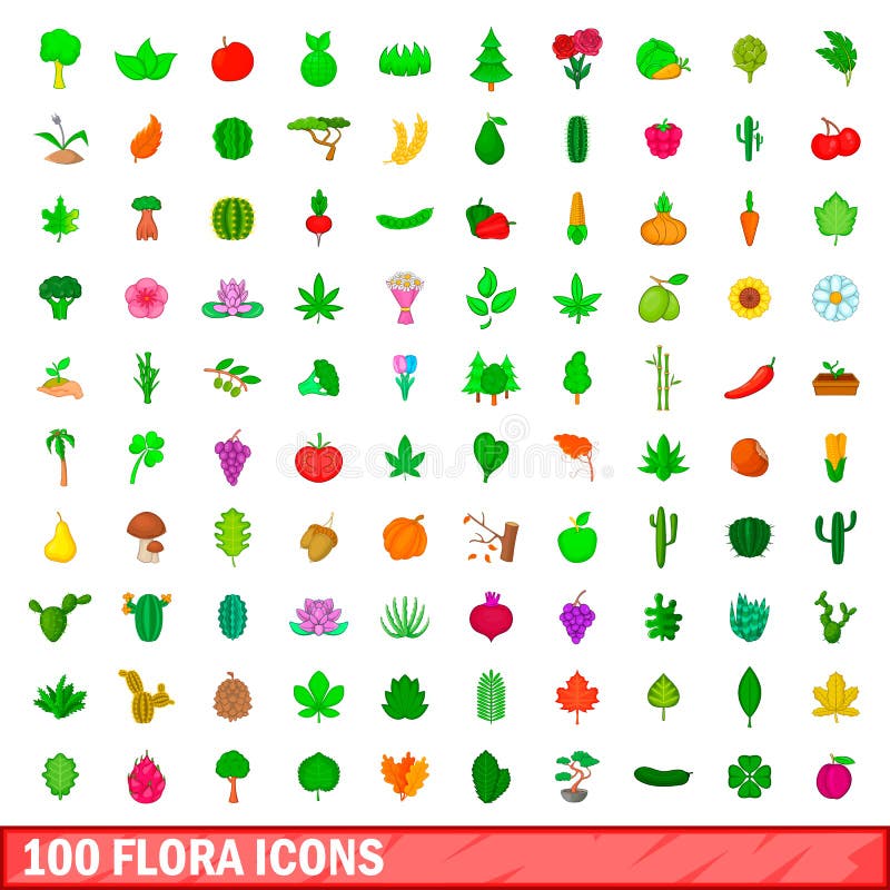100 Flora Icons Set, Cartoon Style Stock Vector - Illustration of ...
