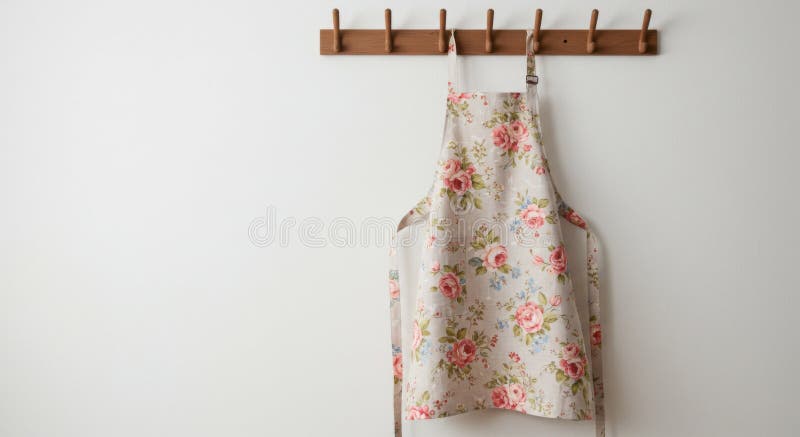 Floral Apron Hanging on Wooden Hook Against White Wall Stock Image ...
