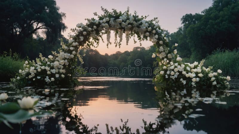 Romantic White Floral Wedding Arch on Calm Lake at Sunset Stock ...