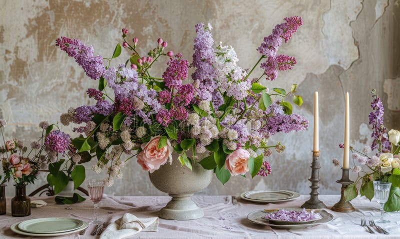 A Floral Arrangement Featuring Lilacs and Laburnums on a Dining Table ...
