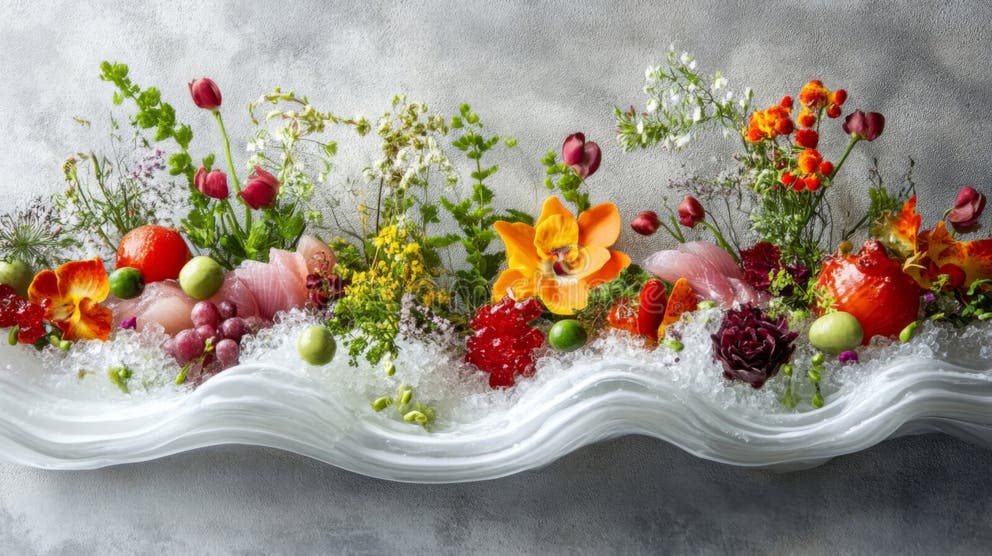 Floral Arrangement Featuring Sashimi and Fruit on Ice Stock ...