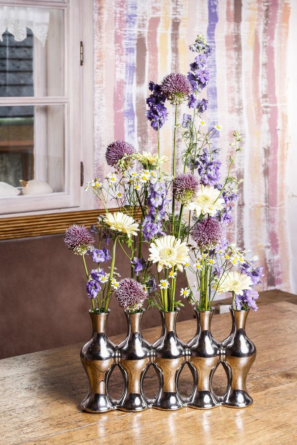 Floral Arrangement in Modern Silver Vase Stock Photo - Image of floral ...