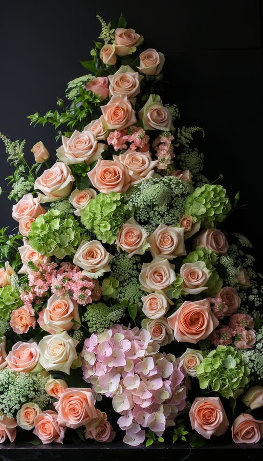 Floral Arrangement, Triangle Shape, with Abundance of Roses, Hydrangeas ...