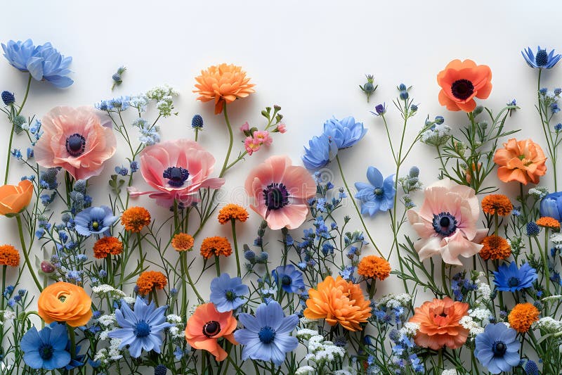 Floral Array. Blue, Orange, Pink Flowers on Bright Backdrop for ...
