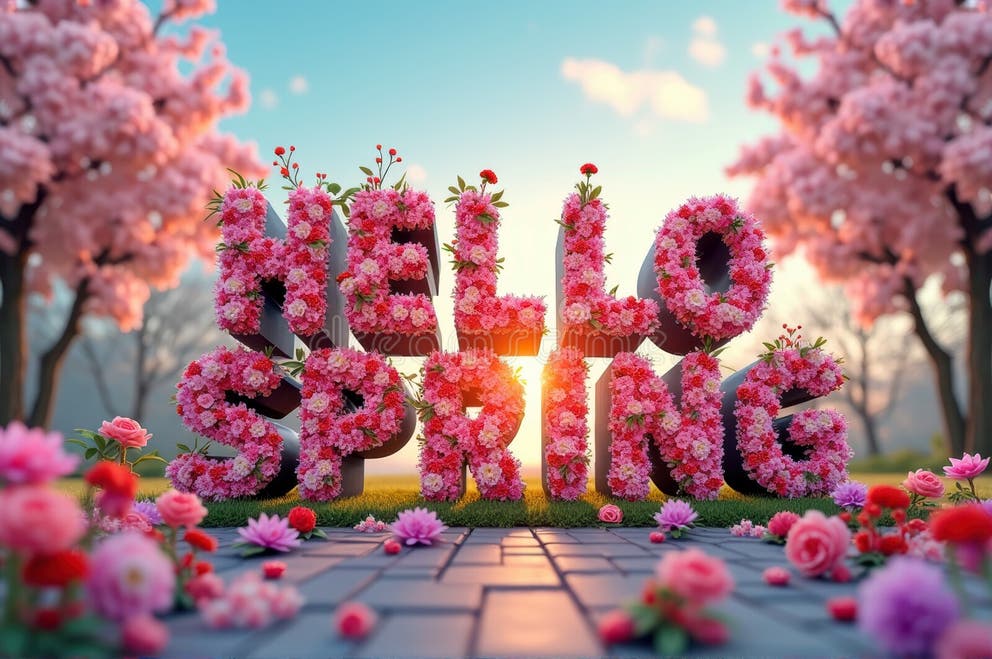 Floral Art: Hello Spring in Bloom with Cherry Blossoms and Sunset Stock ...