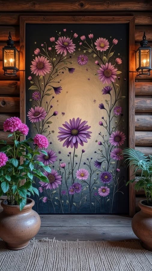 Floral Art on Rustic Wall with Lanterns and Potted Plants Stock Image ...