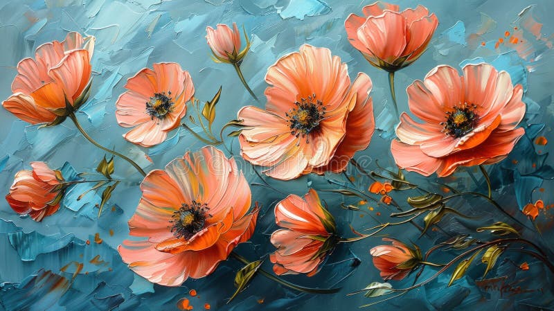 Floral Artwork of Poppy Flowers on a Blue Background Stock Illustration ...