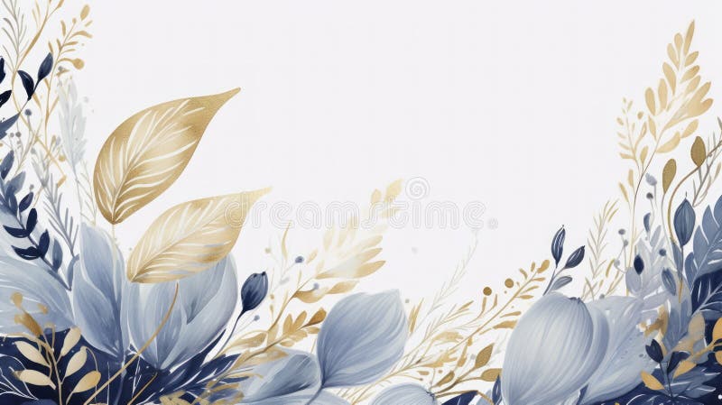 Floral Background with Blue and Gold Leaves and Branches. Illustration ...