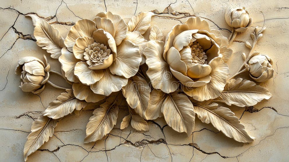Floral Bas-relief on Crackled Wall Texture. Stock Image - Image of ...