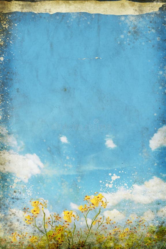 Floral in Blue Sky and Cloud on Old Paper Stock Illustration ...