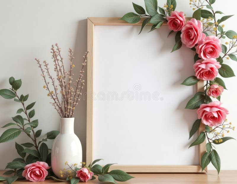 Floral Border Frame with White Background. Pink Roses, Leaves Create ...