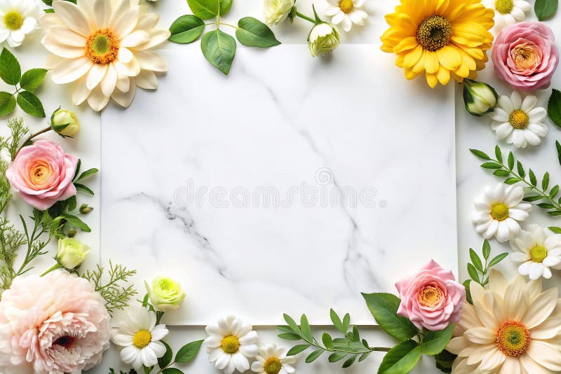 Floral Border on Marble, Spring Flowers, Blank Space, Decor Stock ...