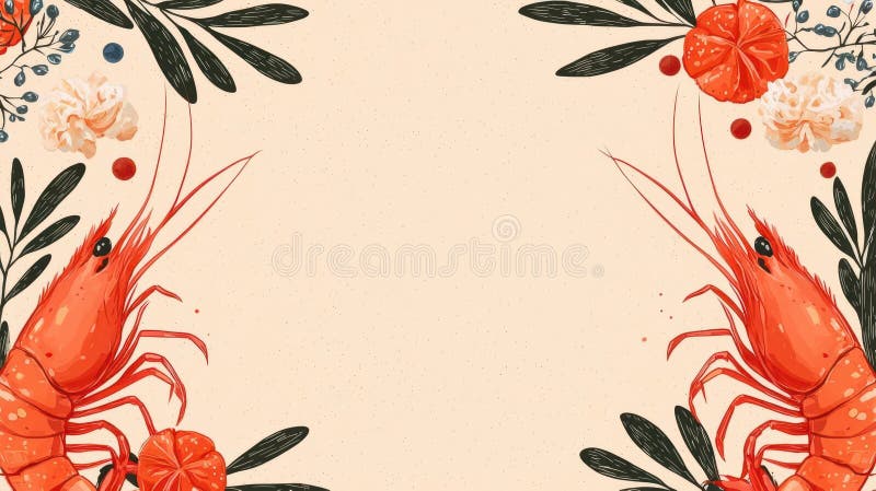 Floral Border with Shrimp Illustration on Beige Background Stock ...