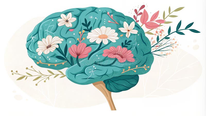 Floral Brain Teal Brain, Botanical Composition, Mental Bloom Concept Stock Illustration ...