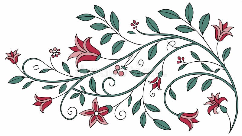 Floral Branch with Red Flowers and Elegant Scrolling Elements Vector ...