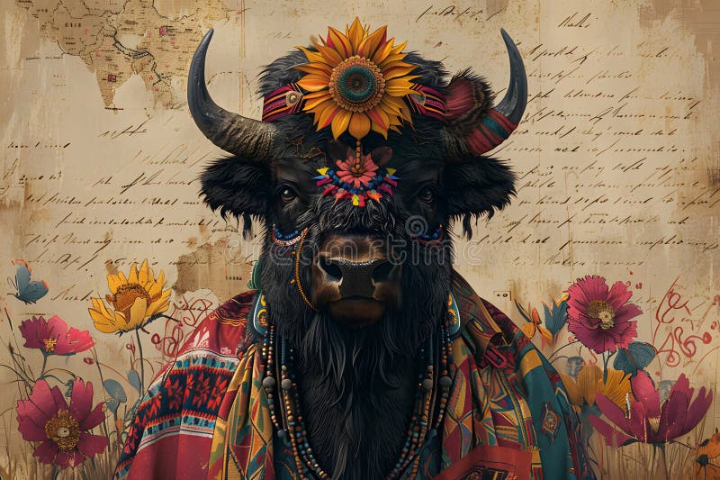 Floral Buffalo with Sunflower Illustration Stock Illustration ...