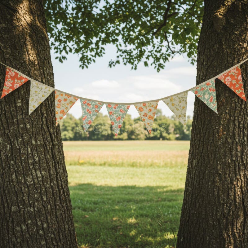 Floral Bunting Hanging between Trees in a Field Stock Illustration ...