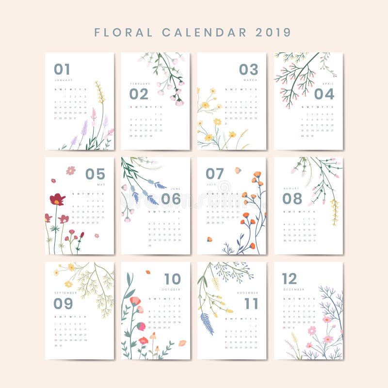 Floral Calendar 2019 Vector Set Stock Vector - Illustration of january ...