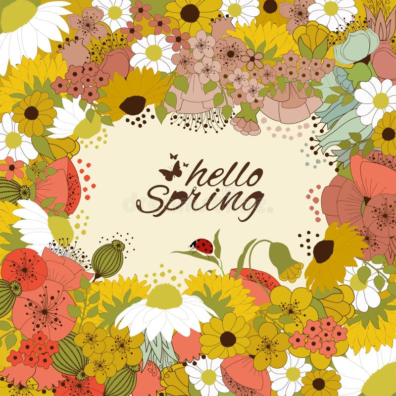 Floral Card with Hello Spring Text Stock Illustration - Illustration of ...