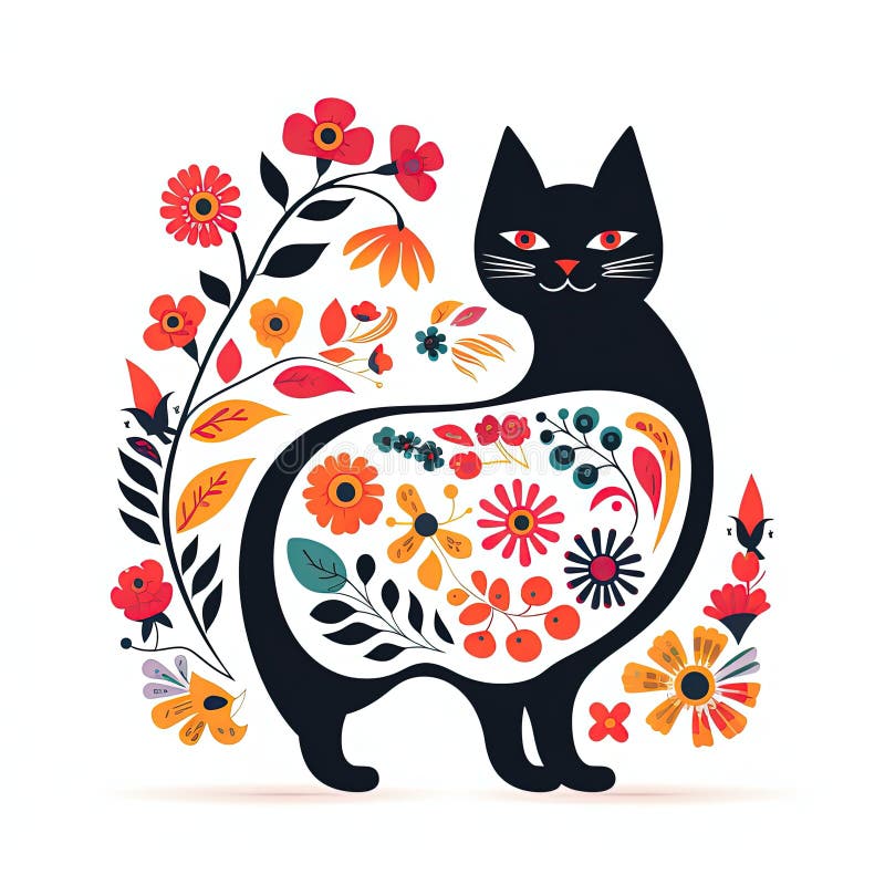 Floral Cat Silhouette on the White Background. Generative AI Stock ...