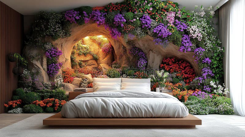 Floral Cave Bedroom Interior Design Stock Illustration - Illustration ...