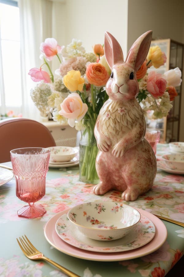 Floral Centerpiece, Bunny Plates, and Easter-themed Linens Stock ...