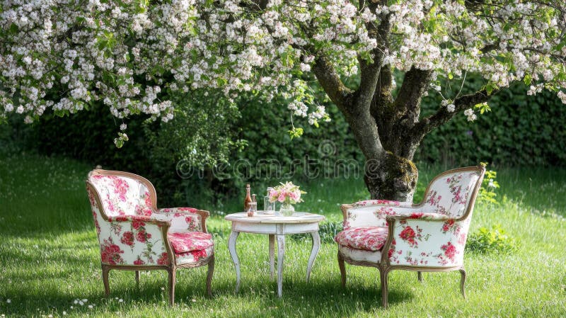 Floral Chairs and Table Under Blooming Tree in Garden Stock ...