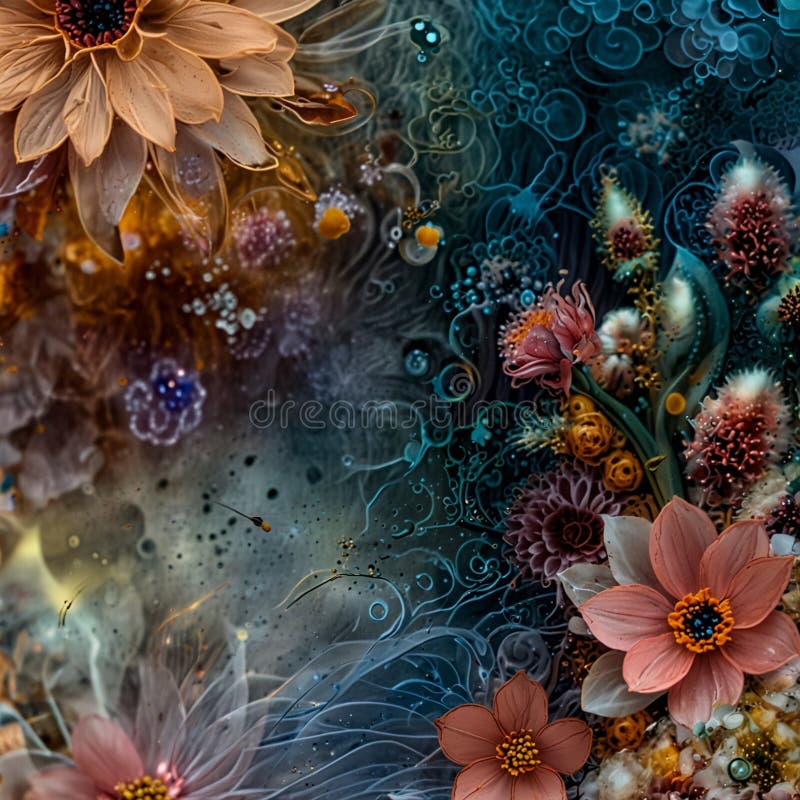 Surreal Intricate Floral Scrapbook Design in Rich Azure and Pastel Hues ...