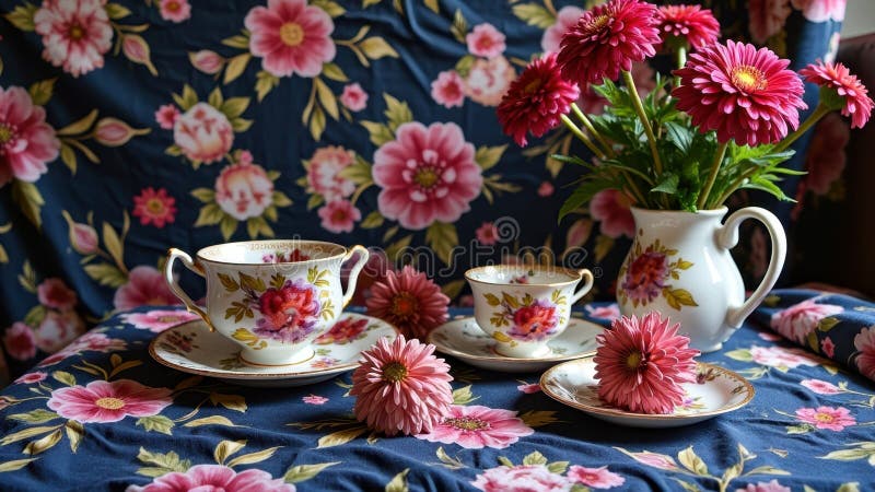 Floral China Tea Set with Pink Flowers on Matching Fabric Background ...