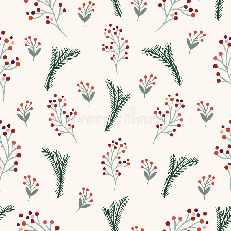 Christmas Seamless Patterns Set with Pine Branches and Berries Stock ...