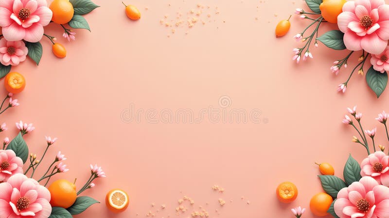 Floral and Citrus Fruit Frame on Peach Background. Concept of Spring ...