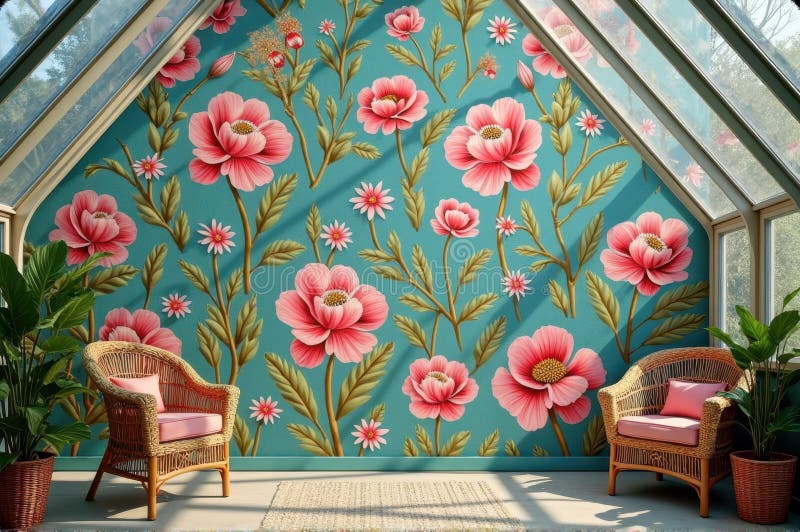 Floral Conservatory Interior with Vibrant Pink Flowers and Rattan ...