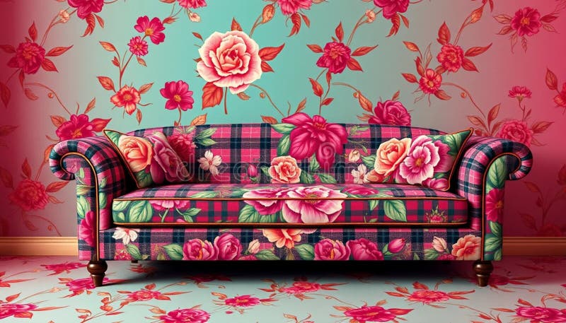 Floral Couch in Matching Pattern Room Interior Design Concept Stock ...