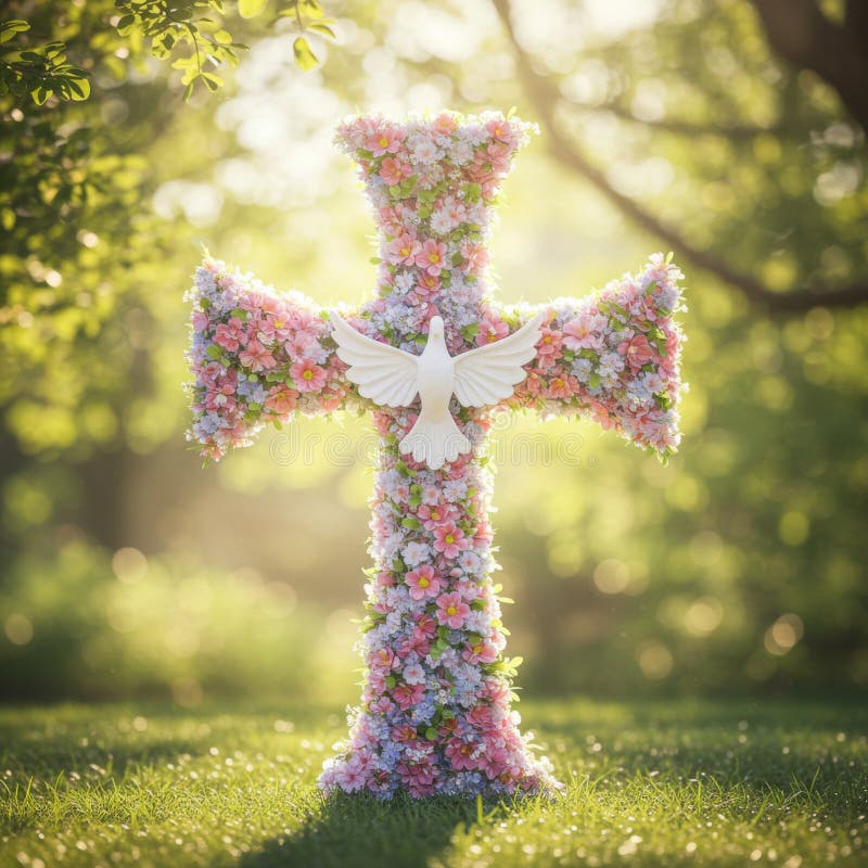Floral Cross with Dove in a Sunny Garden Stock Illustration ...