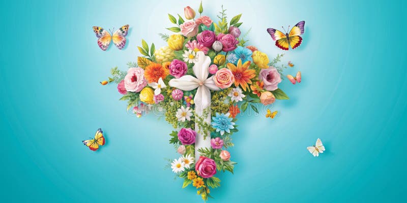 Floral Cross a Springtime Composition with Butterflies on Teal Stock ...