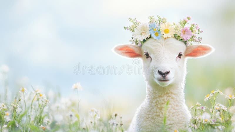 Floral-crowned Lamb in Lush Meadow, Gentle Easter Celebration. Easter ...
