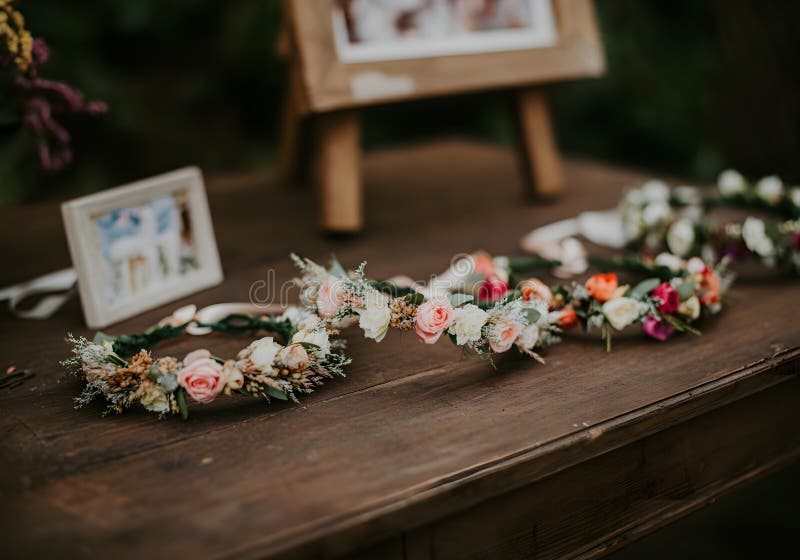 Handmade Flower Crowns Displayed on a Rustic Table. Stock Illustration ...