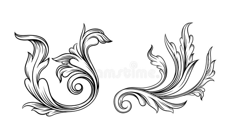 Floral Decorative Design Elements Set, Classic Hand Drawn Decor Vector ...