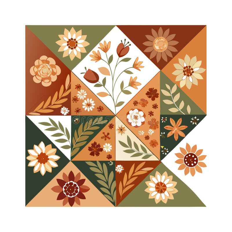 Abstract Patchwork with Floral Elements in Earth Tones Creating a Seamless Decorative Pattern ...
