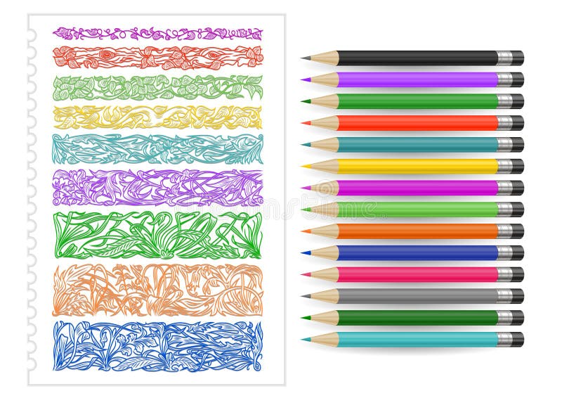 Floral Design Elements and Colored Pencils Stock Vector - Illustration ...