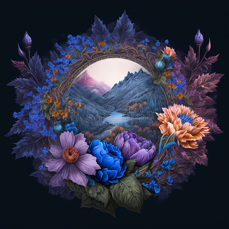Floral Design with a Mountainous Scene. Ai Generated. Stock ...
