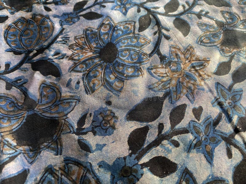 Floral Digital Print with Blue and Black on Grey Silk Fabric Stock ...