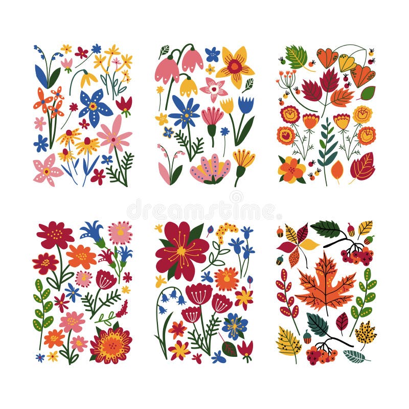 Floral Doodle Rectangular Shape with Colorful Flowers Vector Set Stock ...