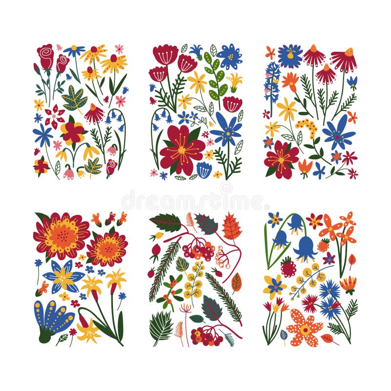 Floral Doodle Rectangular Shape with Colorful Flowers Vector Set Stock ...