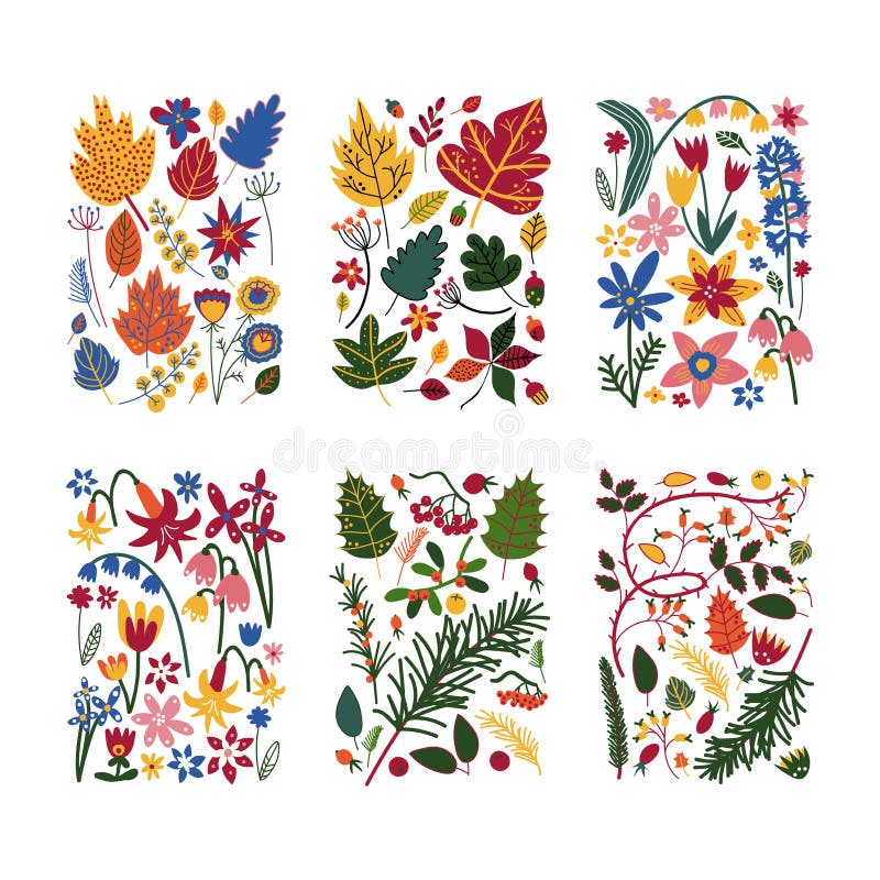 Floral Doodle Rectangular Shape with Colorful Flowers Vector Set Stock ...