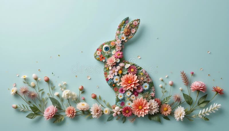 Floral Easter Bunny Design with Colorful Flowers on a Blue Background ...